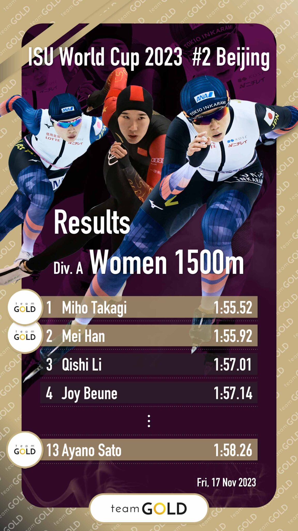 ISU ワールドカップスピードスケーティング #2 北京 – COMPETITIONS & RESULTS | 髙木美帆 – MIHO TAKAGI Official Website